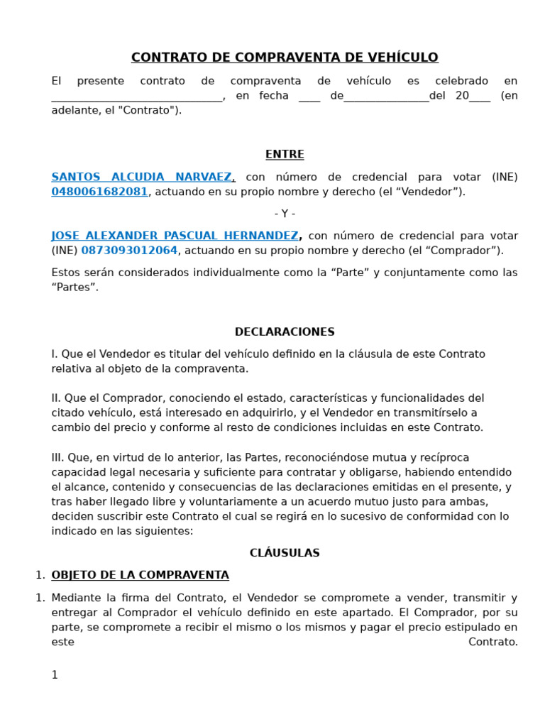 Formato Compra Venta Vehiculo | PDF | Derecho contractual | Ley de obligaciones