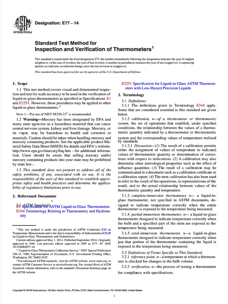 ASTM E77: Thermometer Verification Standards | PDF | Thermometer ...