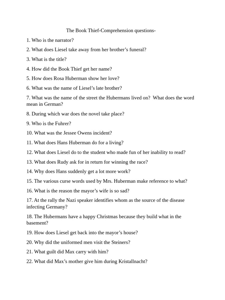 The Book Thief Comprehension Questions-Revised 2024 | PDF