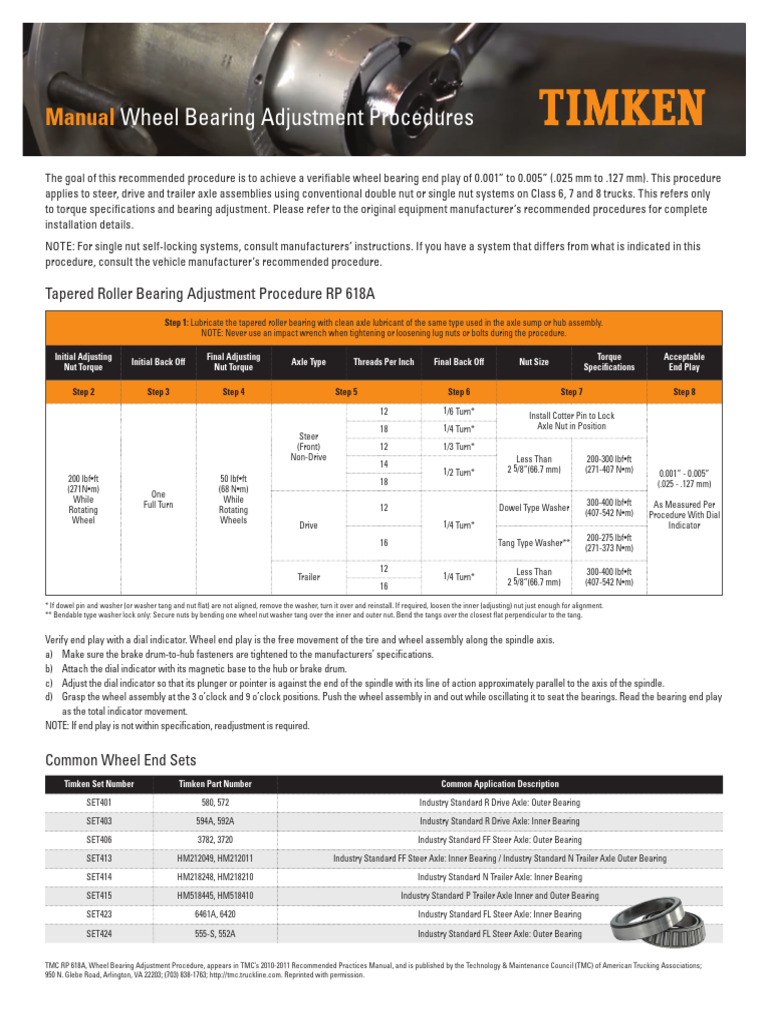 Timken Wheel Bearing Adjustment Guide | PDF | Axle | Manufactured Goods