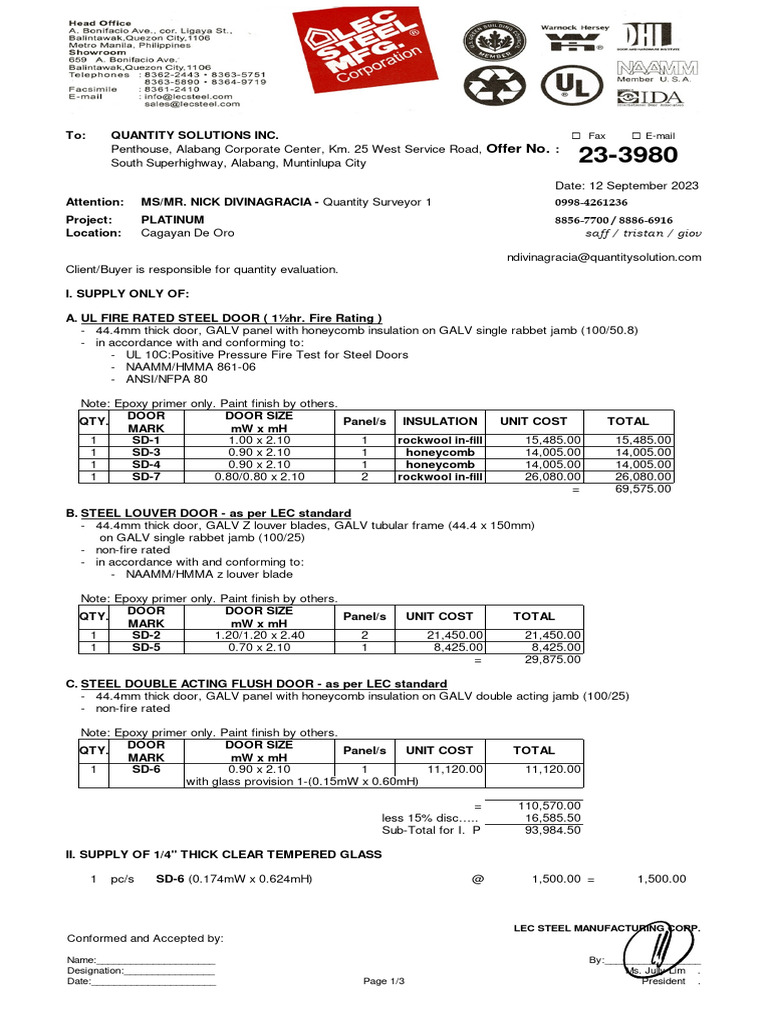 23-3980 - QUANTITY SOLUTIONS INC.-PLATINUM - Ulsd, SLD, Sdafd | PDF | Door