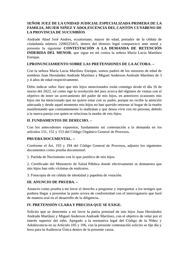 Contestación de Demanda de Caso de Retención Indebida de Menores | PDF ...