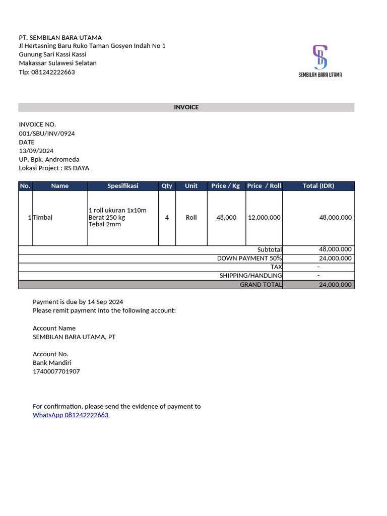 Invoice Sembilan Bara Utama | PDF
