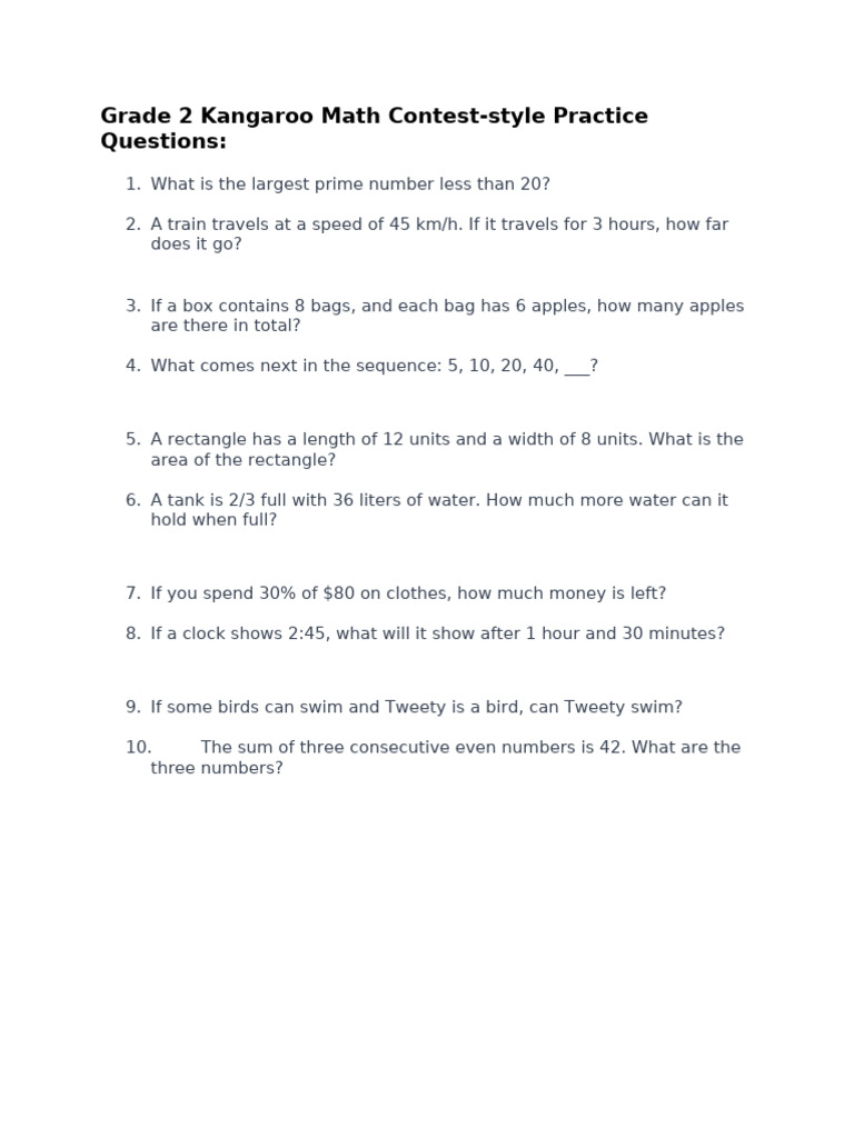 Grade 2 Kangaroo Math Contest-Style Practice Questions | PDF