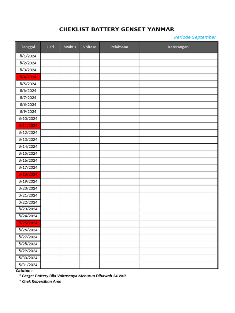 Cheklist Battery Genset YANMAR | PDF | Voltage | Equipment