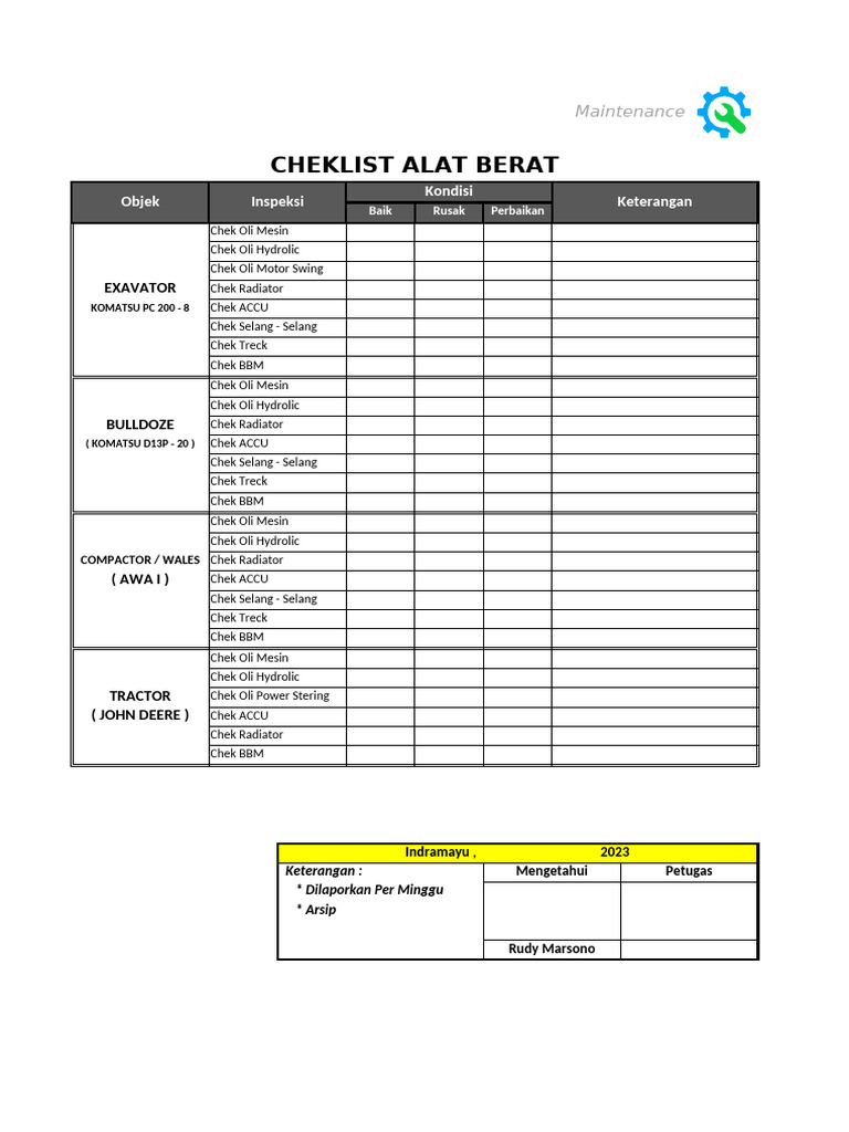 Cheklist Alat Berat | PDF