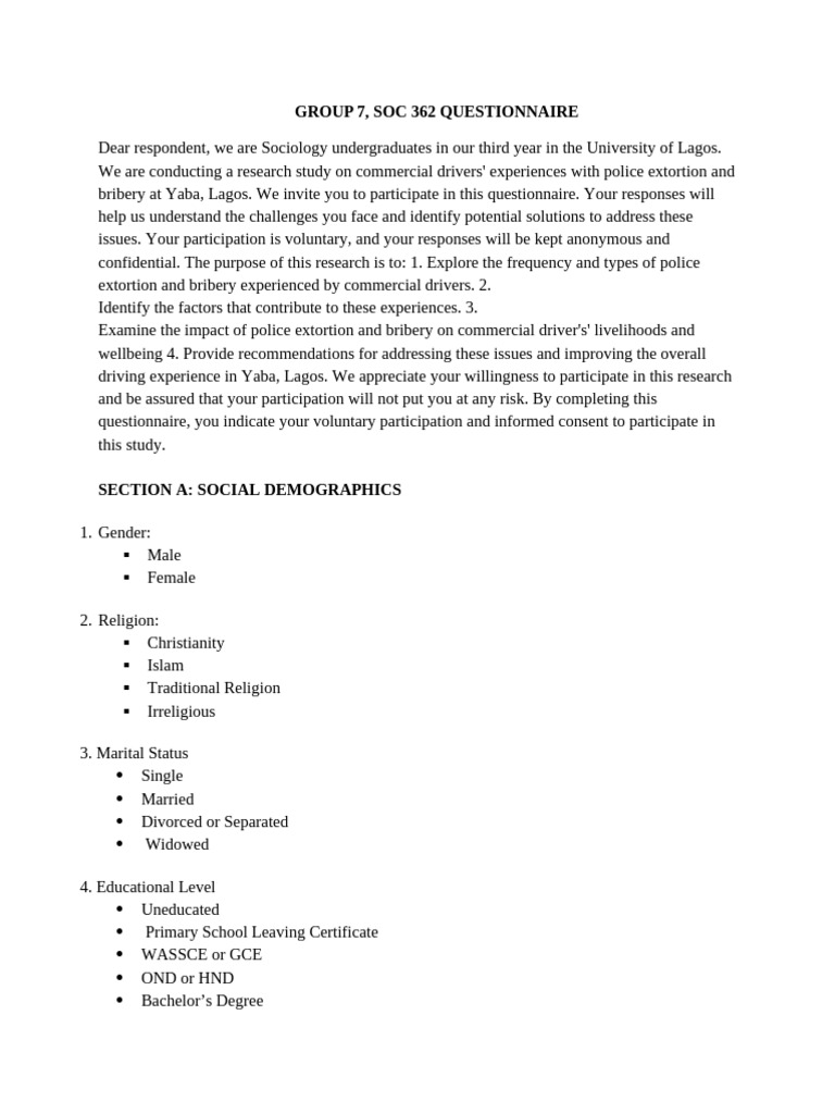 Group 7, Soc 362 Questionnaire | PDF | Bribery | Police