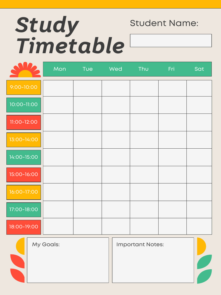 Green Yellow Simple Modern Study Timetable Planner | PDF