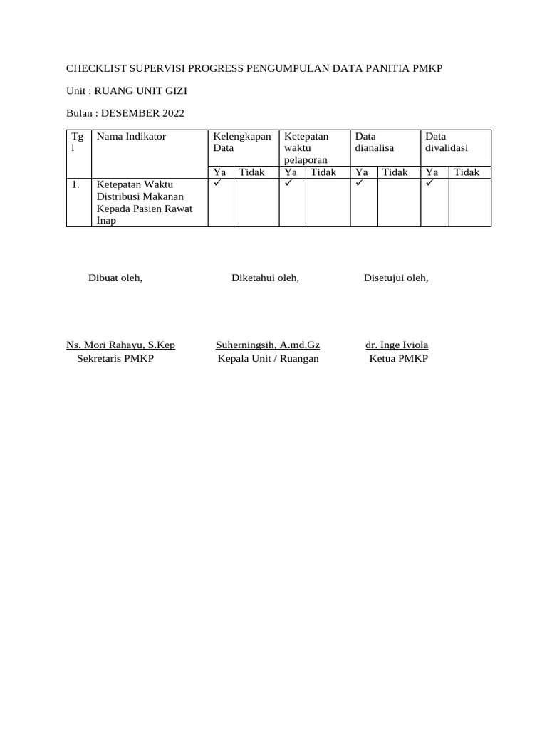 Checklist Supervisi Pengumpulan Data PMKP | PDF