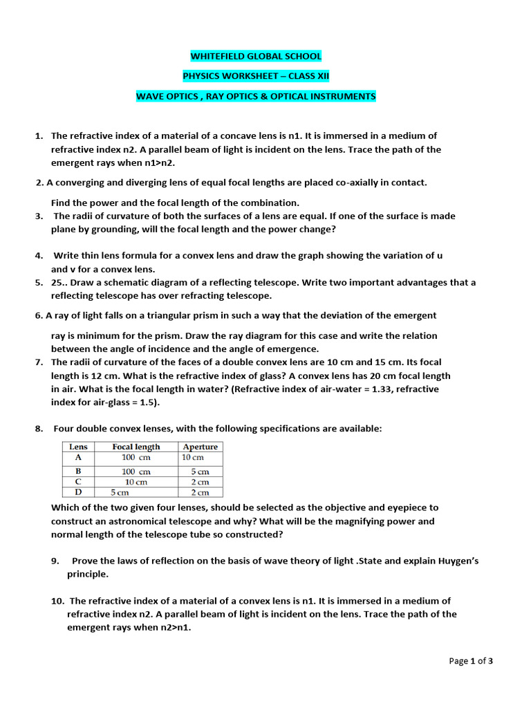 Revision Worksheet Ray Optics Wave Optics and Optical Instruments | PDF | Diffraction | Optics