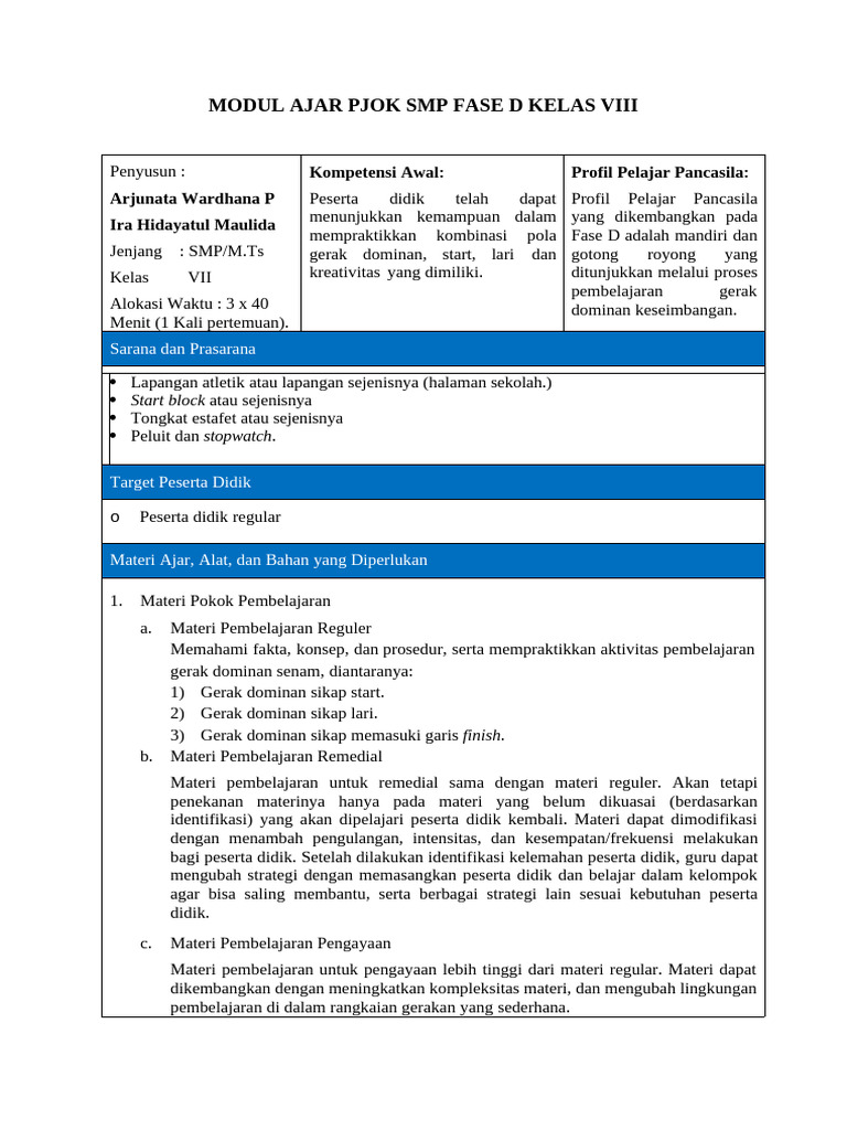Modul Ajar Pjok SMP Fase D Kelas Viii | PDF