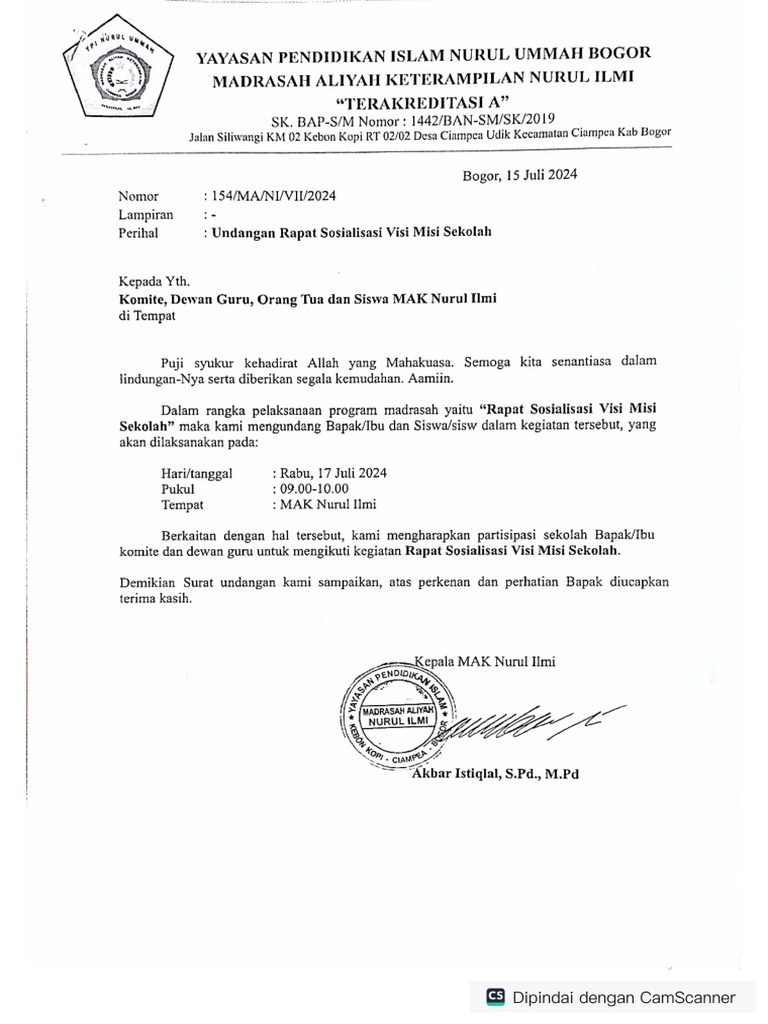 Undangan Rapat Sosialisasi Visi Misi Sekolah | PDF