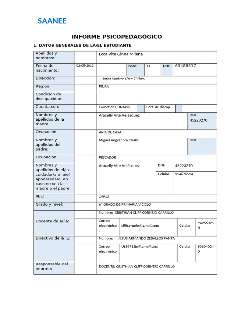 SAANEE informe psicopedagógico-Ginna-salida | PDF | Comunicación | Maestros