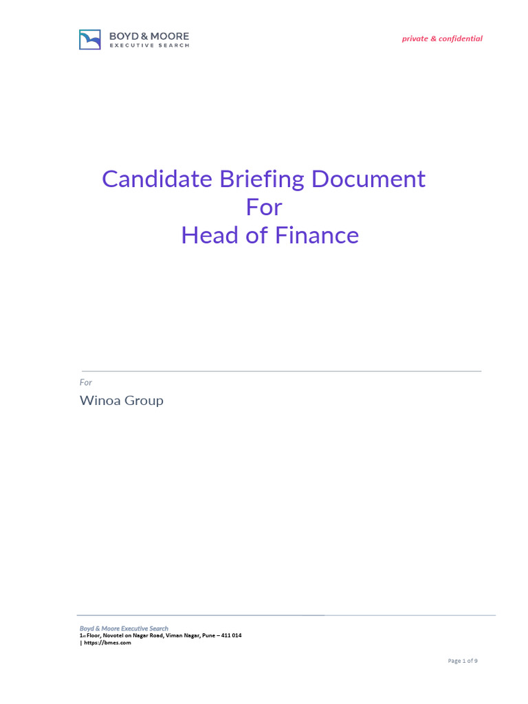 Candidate Briefing Document - Head of Finance - Winoa | PDF | Business