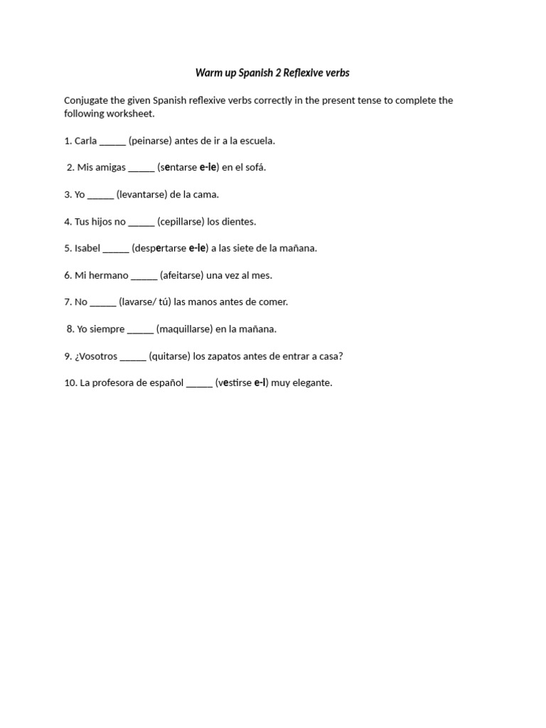 Warm Up Spanish 2 Reflexive Verbs | PDF