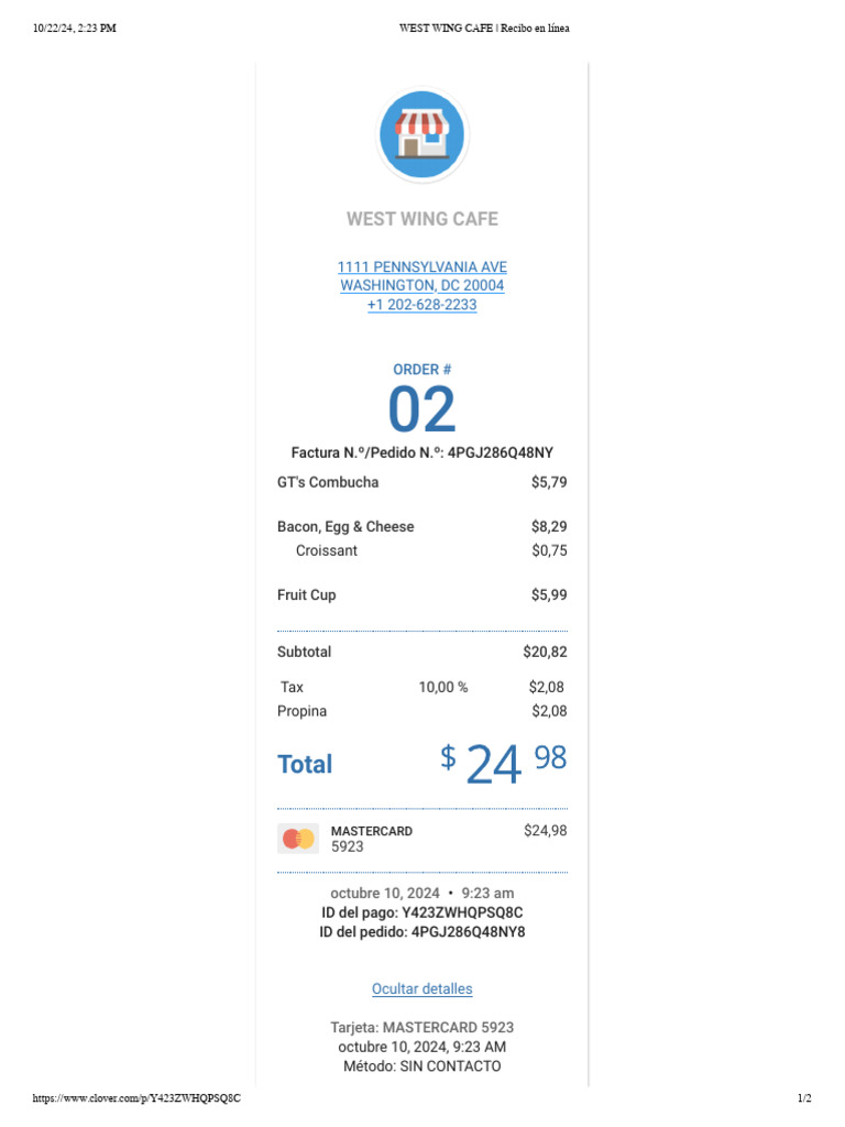 WEST WING CAFE - Recibo en Línea | PDF