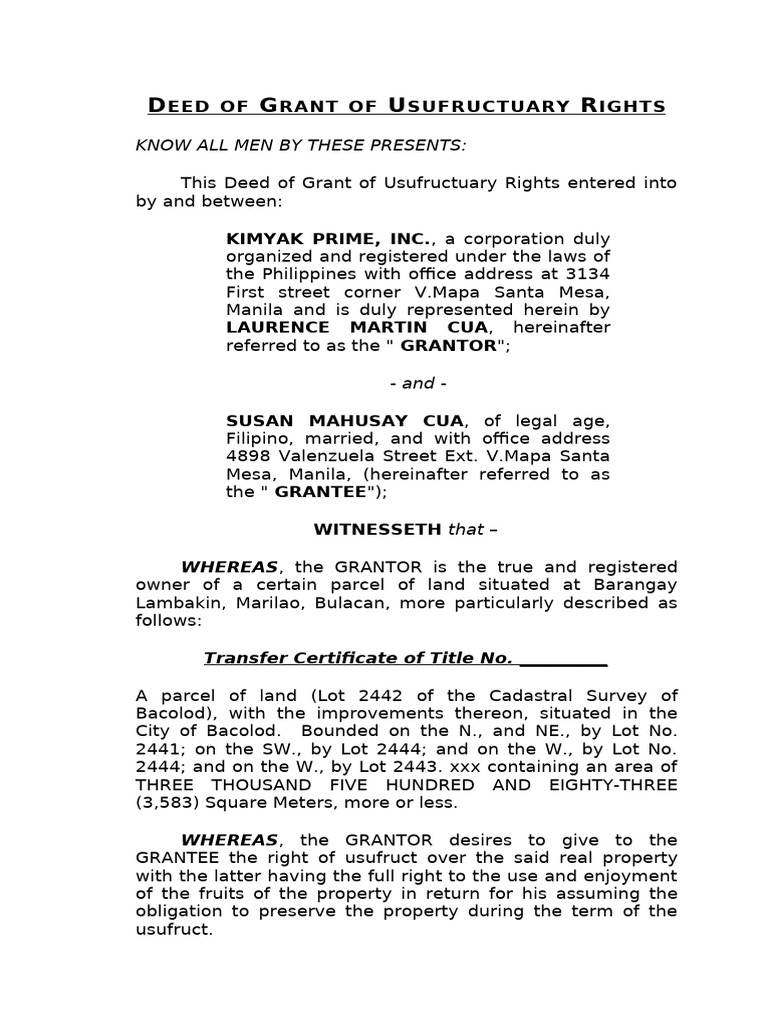 Deed of Usufructuary Rights | PDF | Deed | Covenant (Law)