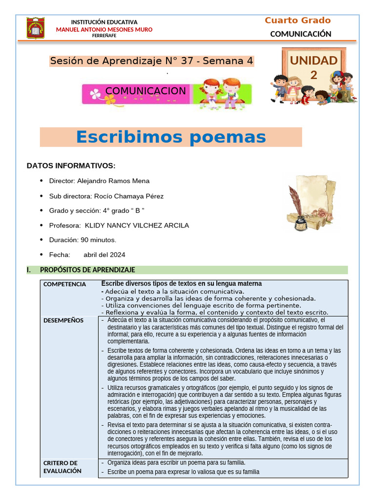 SESION 37-U2-Lun29-COM-Escribe Poemas-2024 | PDF | Comunicación ...