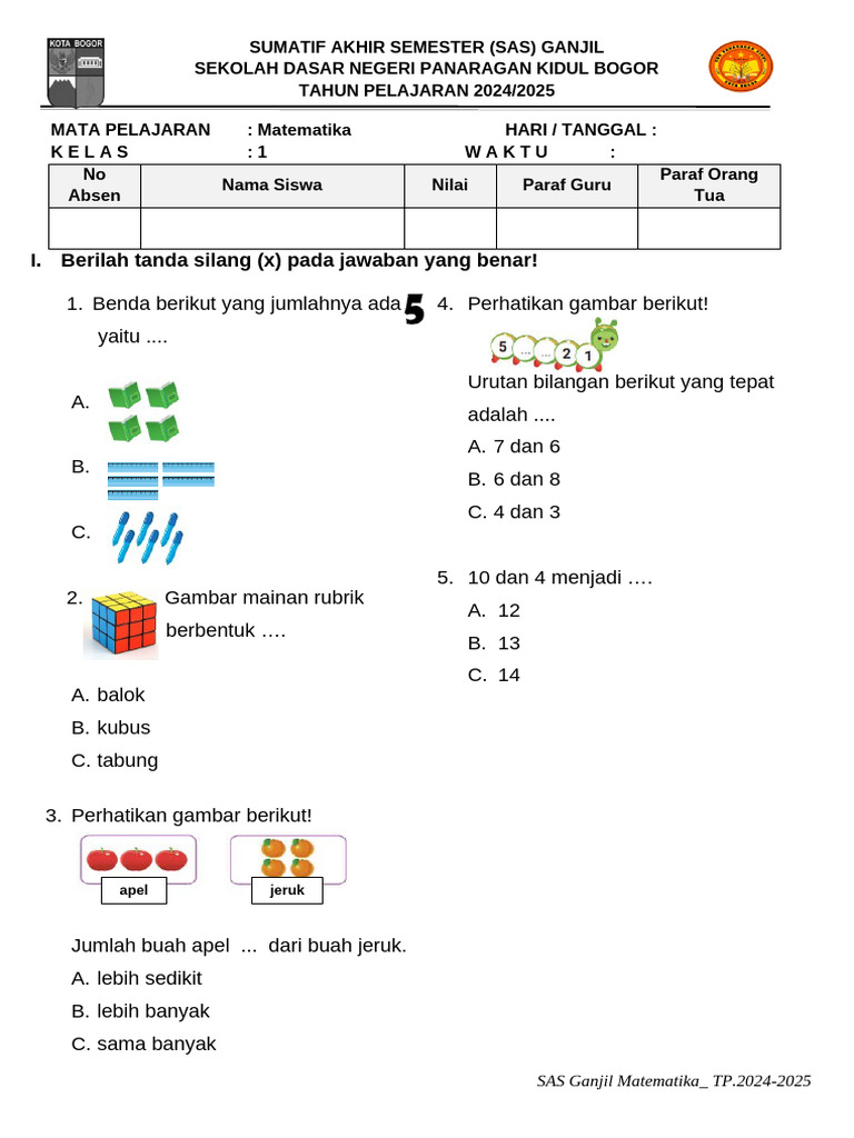 Soal Sas Matematika Kelas 1 Semester | PDF