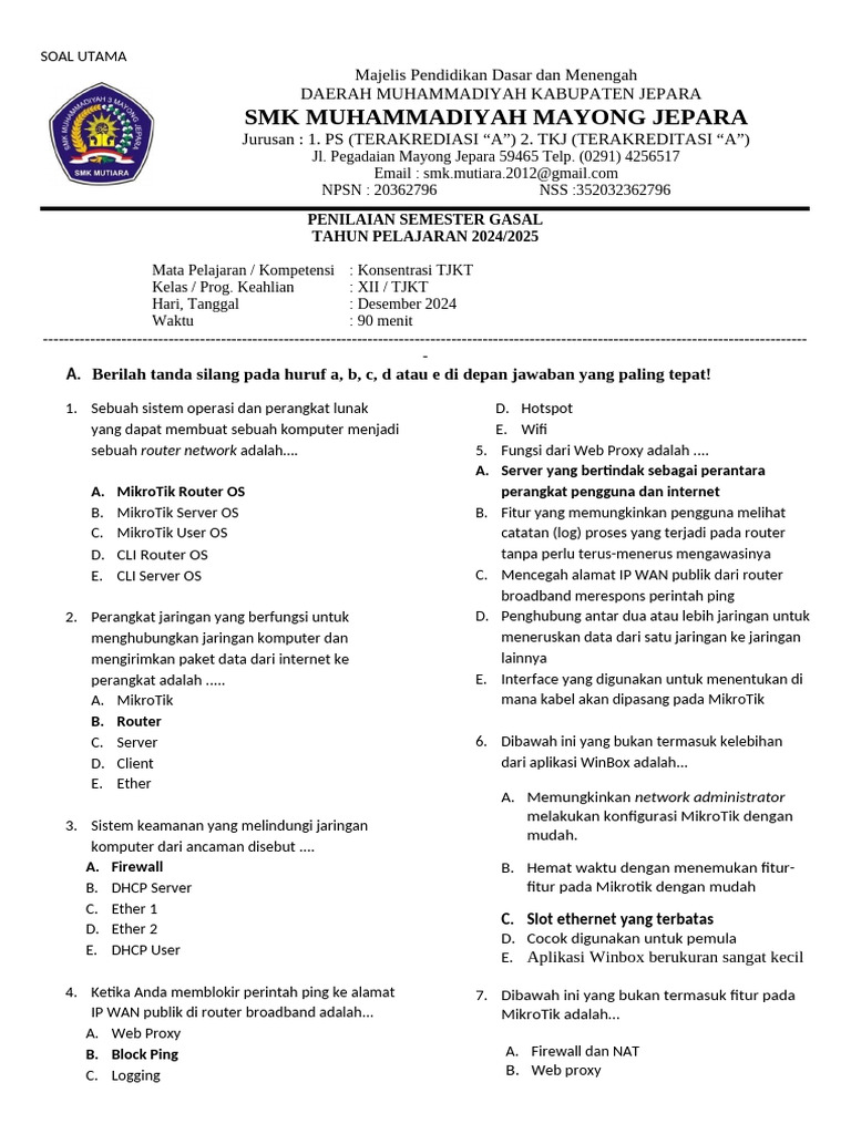 SOAL UTAMA Dan KISI KISI KONSENTRASI TJKT XII SMSTER GASAL | PDF