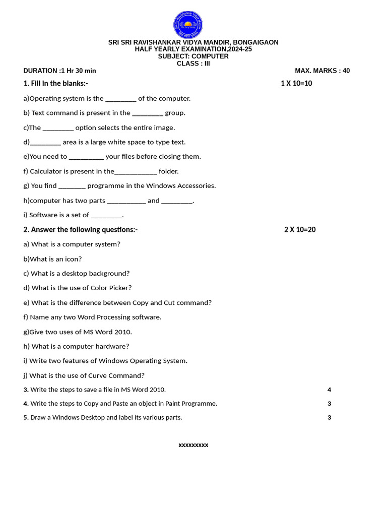 Class III Computer Exam Paper 2024-25 | PDF