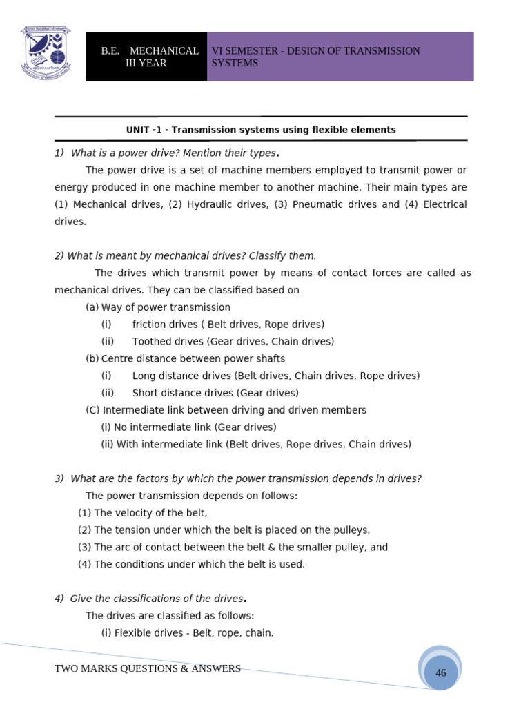 Two Marks Question Bank - Dts | PDF | Gear | Belt (Mechanical)