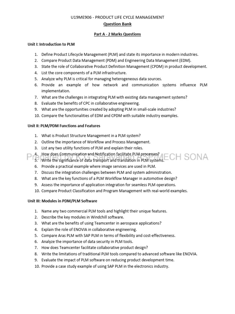 U19ME906 PLCM - Question Bank | PDF | Product Lifecycle | Engineering