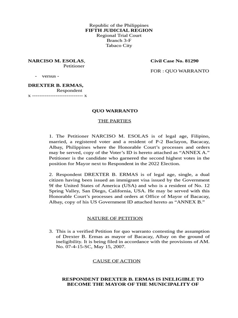 Petition For Quo Warranto Against Against An Elected Local Official ...