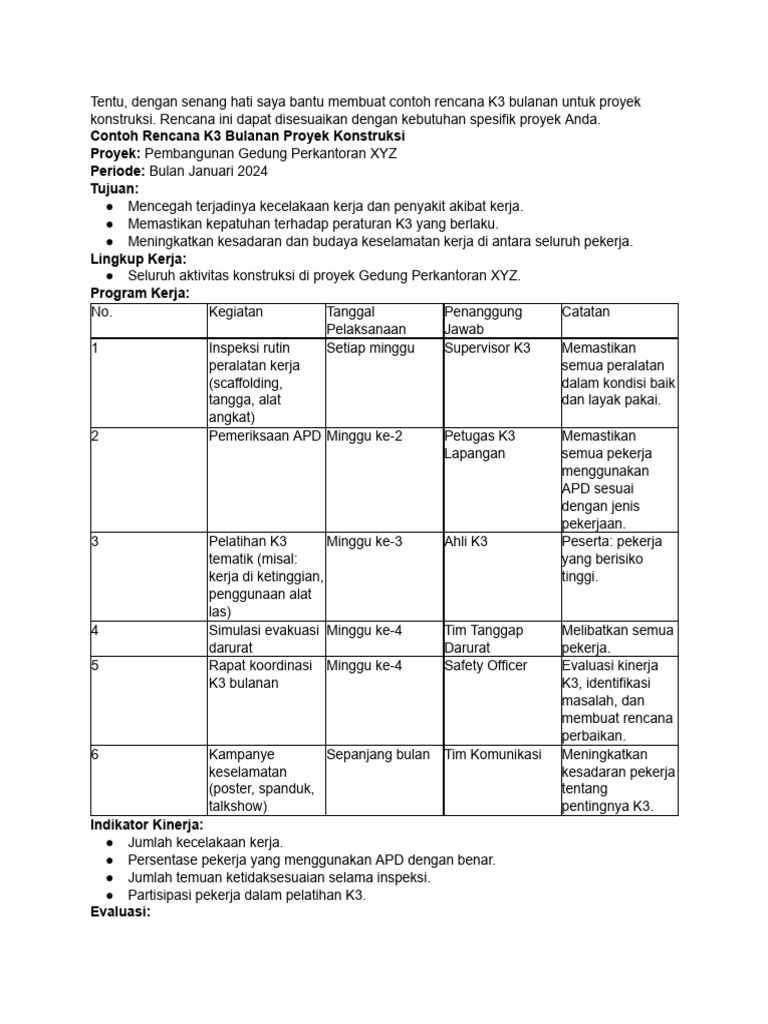 Tolong Buatkan Contoh Rencana K3 Bulanan | PDF