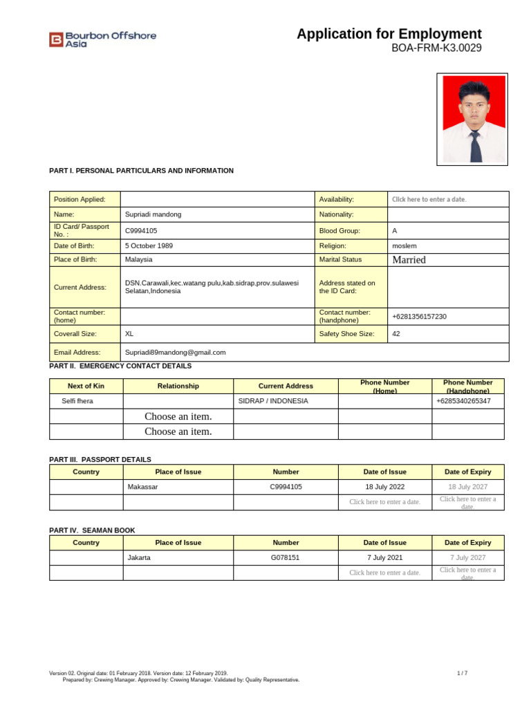 BOA-FRM-K3.0029.ver.02 - Application For Employment | PDF | Identity ...