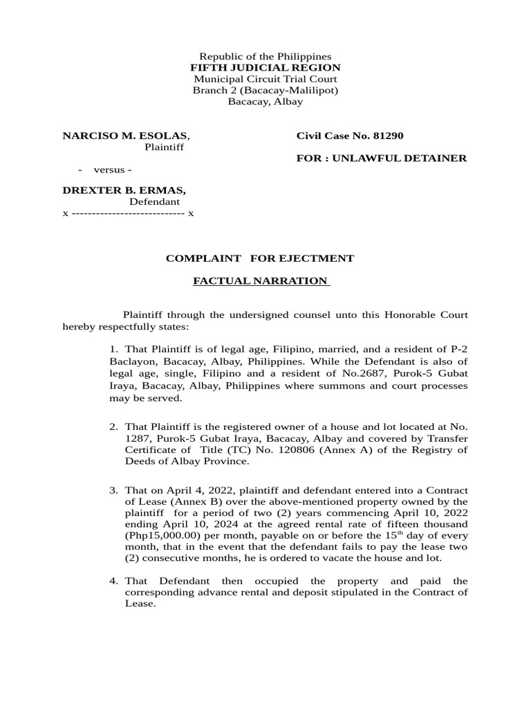 9. Complaint for Ejectment | PDF | Lawsuit | Legal Concepts