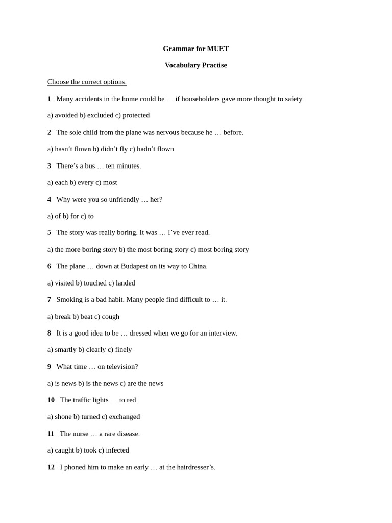 MUET Grammar and Vocabulary Practice | PDF | Meal
