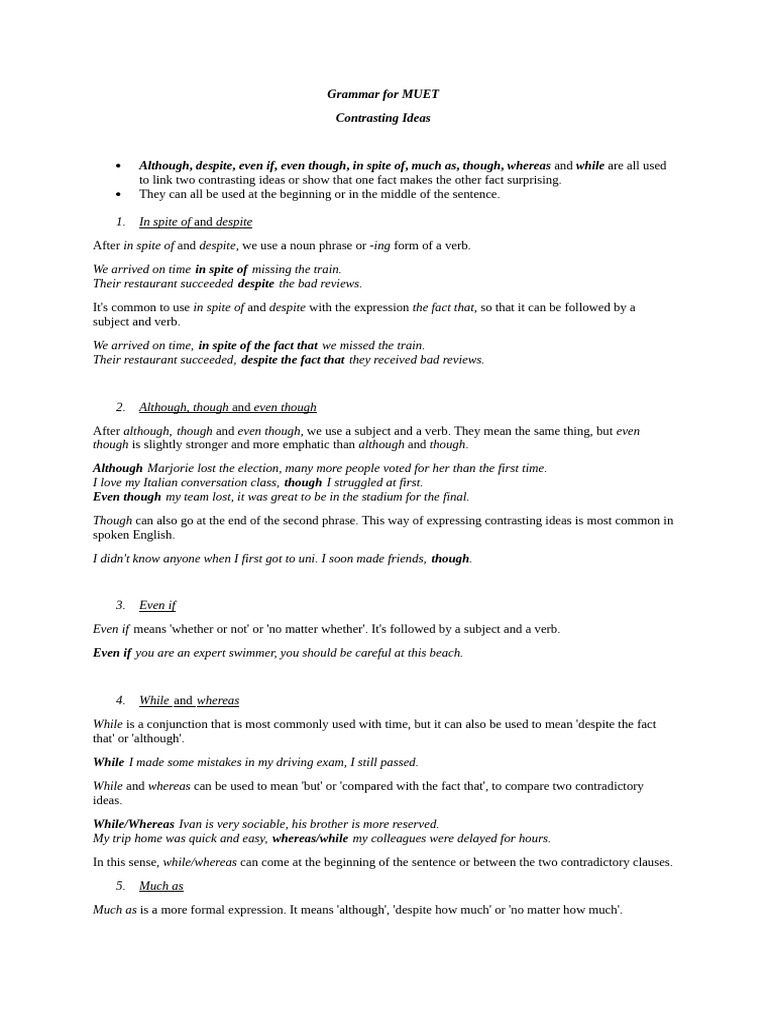 MUET Grammar: Contrasting Ideas Explained | PDF | Verb | Subject (Grammar)
