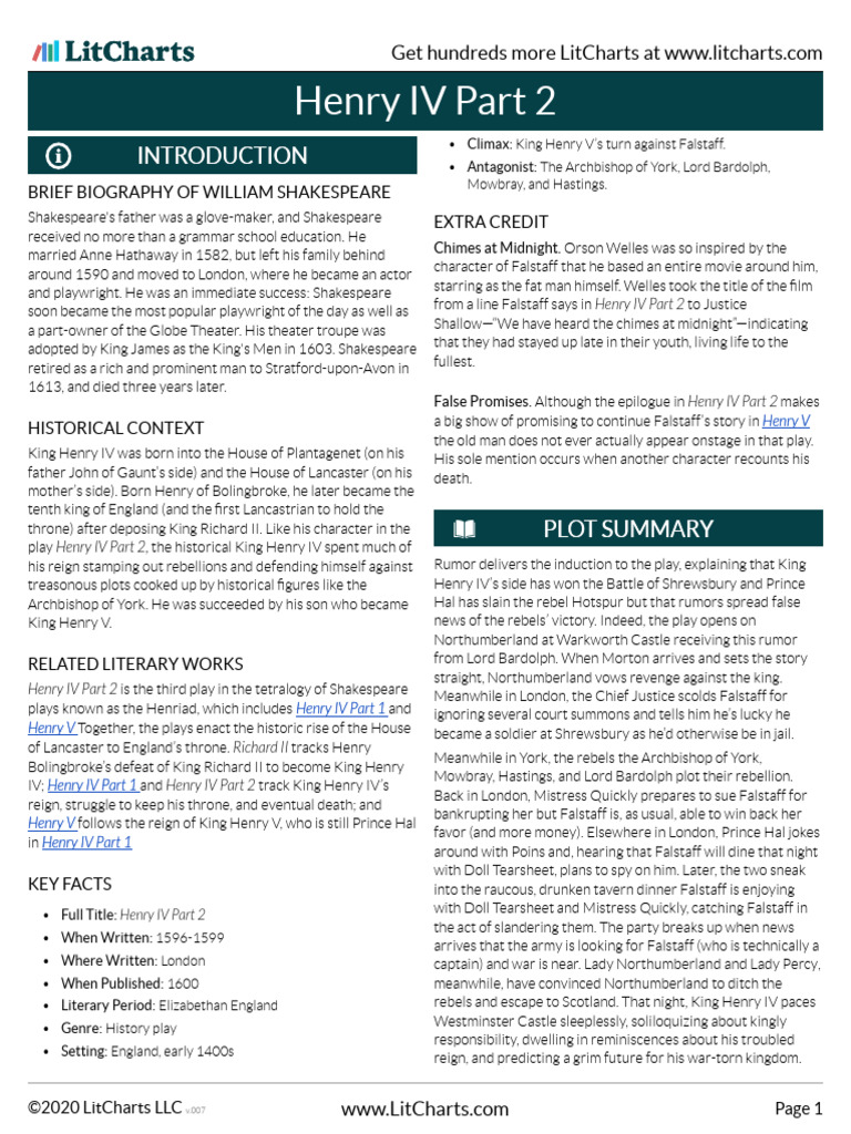 Henry IV Part 2 LitChart | PDF | Henry Iv, Part 1 | Henry Iv Of England
