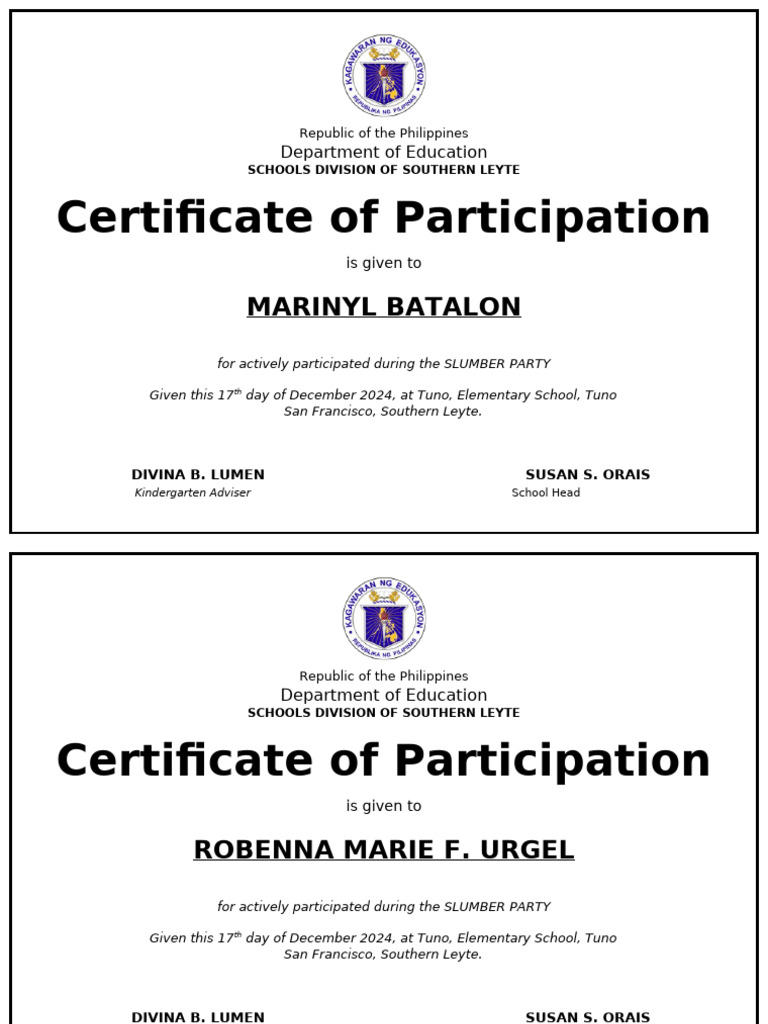 Certificate of Participation: Slumber Party | PDF
