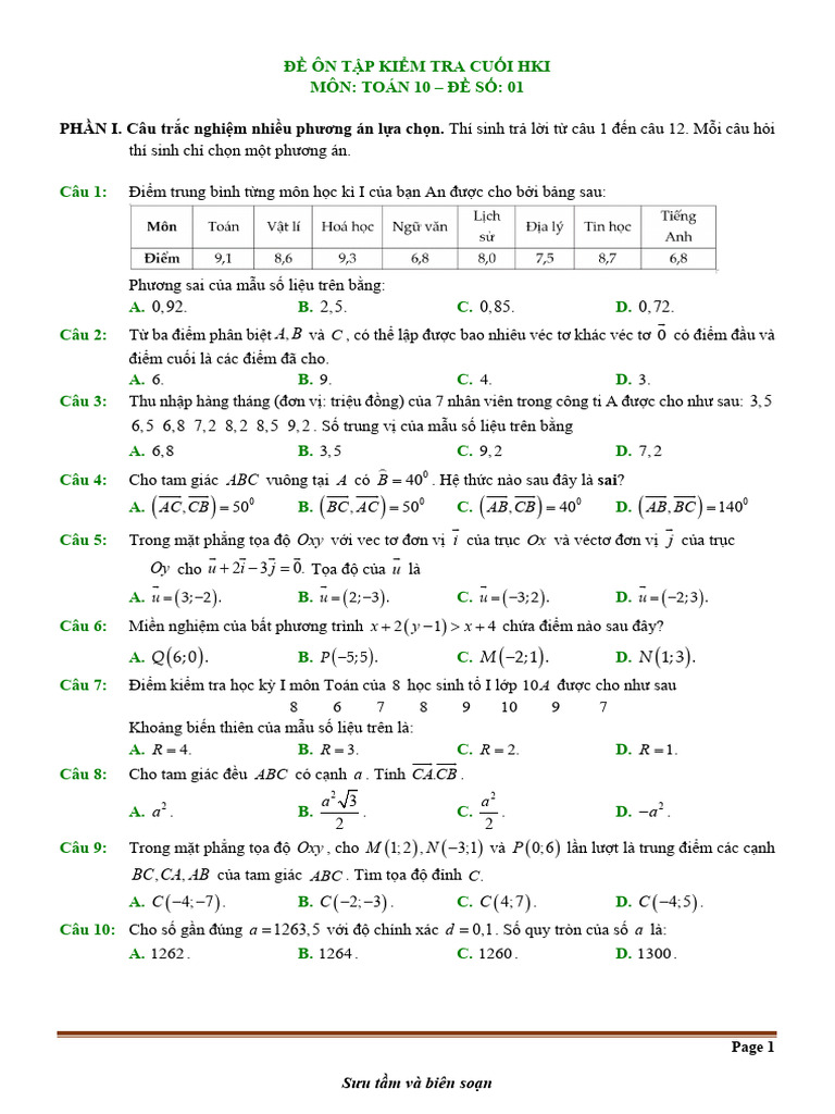 10 de on Tap Cuoi Hoc Ki 1 Toan 10 Knttvcs Cau Truc Trac Nghiem Moi | PDF
