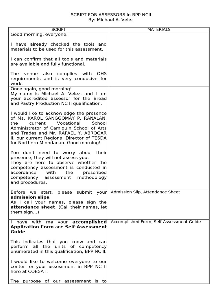 Final Script For Assessor in BPP Ncii | PDF