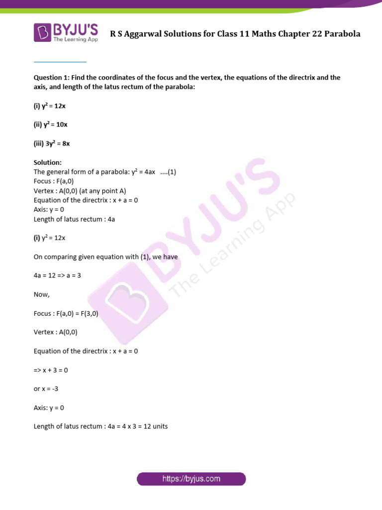 R S Aggarwal Solution Class 11 Maths Chapter 22 Parabola | PDF | Elementary Geometry | Manifold