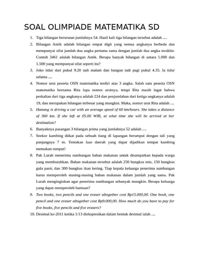 Soal Olimpiade Matematika SD | PDF