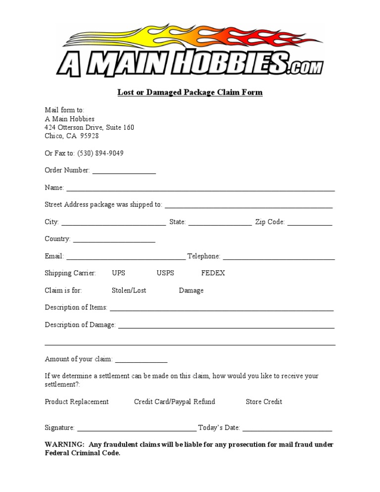 Package Claim Form for Lost/Damaged Items | PDF