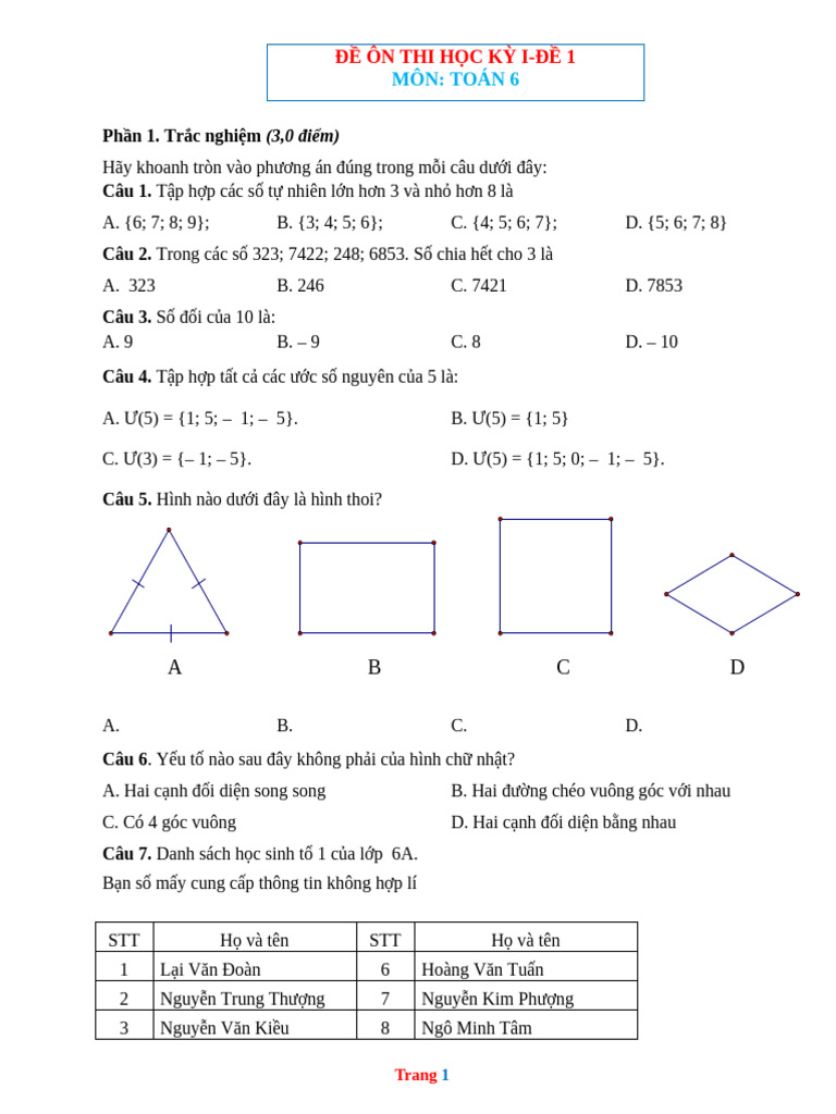 De On Thi HK1 Toan 6 CTST de 1 | PDF