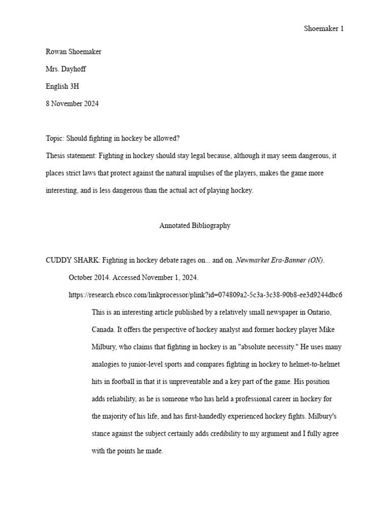 Rowan Shoemaker Annotated Bibliography | PDF | Ice Hockey