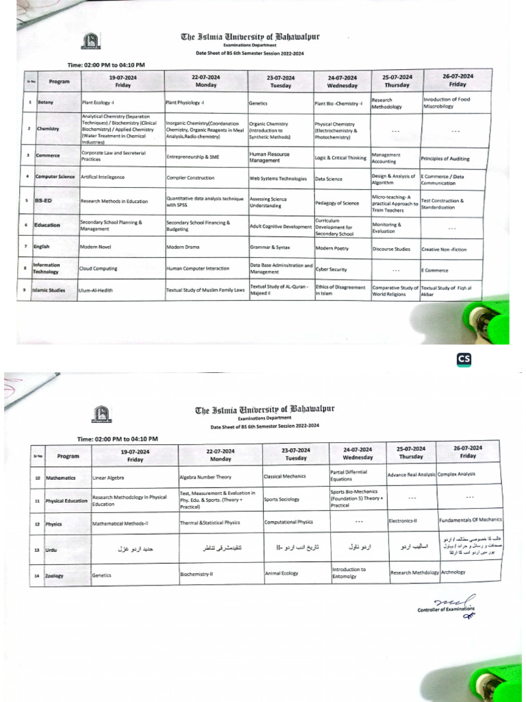 BS 6th Semester 22-22 Date Sheet | PDF