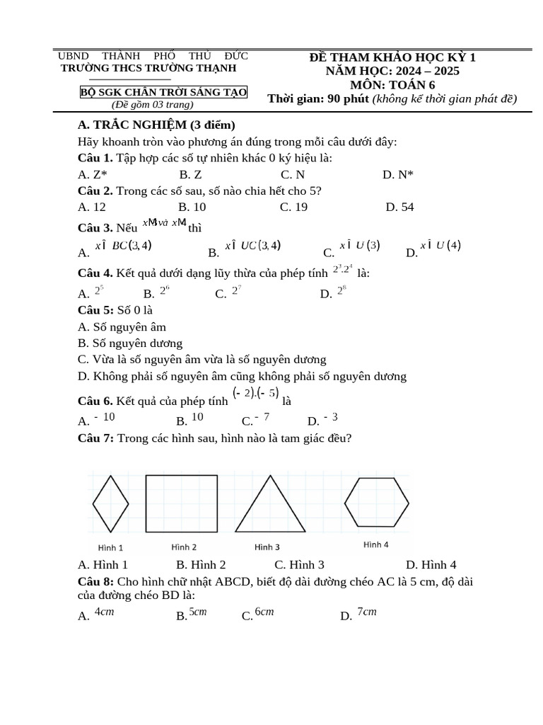 Toán 6 HK1 - THCS Trường Thạnh - 5. Trần Văn Lợi | PDF
