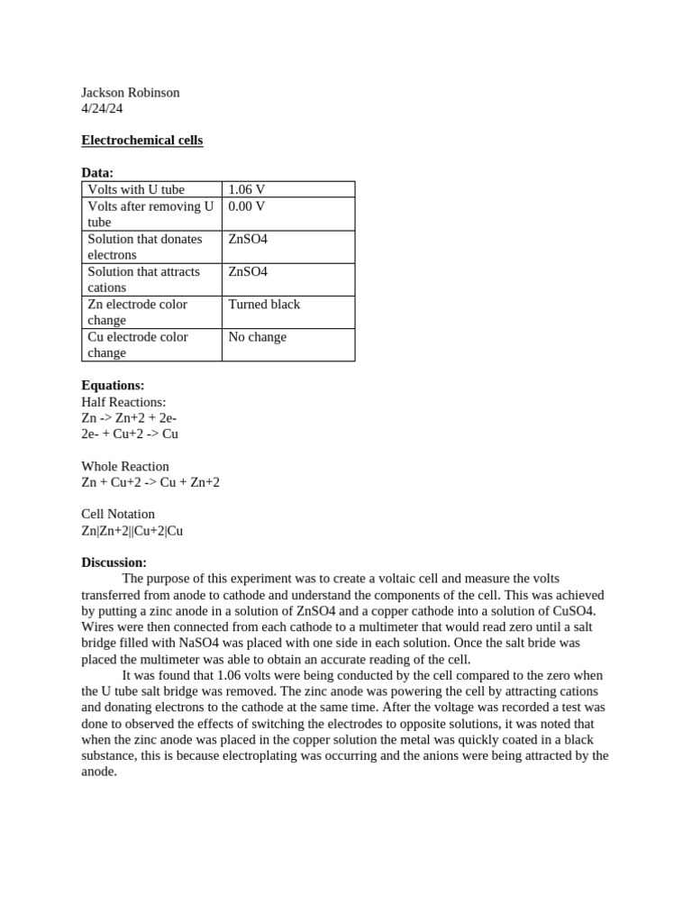 Electrochemical Cell Lab | PDF