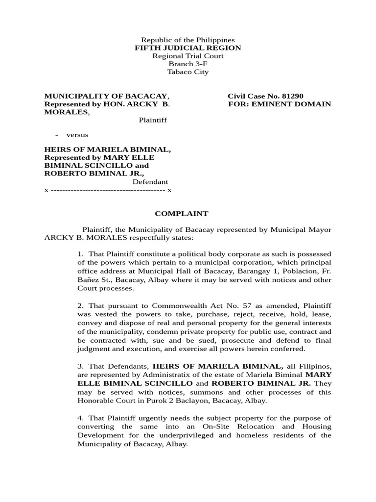 7. Complaint for Eminent Domain | PDF | Eminent Domain | Lawsuit