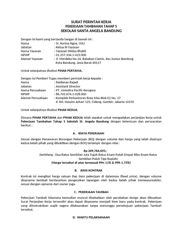 020 - DRAFT SPK Santa Angela - Pekerjaan Tambah Tahap 5 | PDF