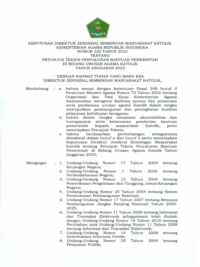 SK No 220 Tahun 2022 Juknis Penyaluran Pemerintah Di Bidang Urusan Agama Katolik TA 2023 ...