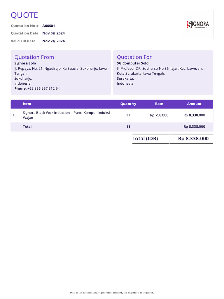 Quotation A00001 Signora Solo SG Computer Solo | PDF