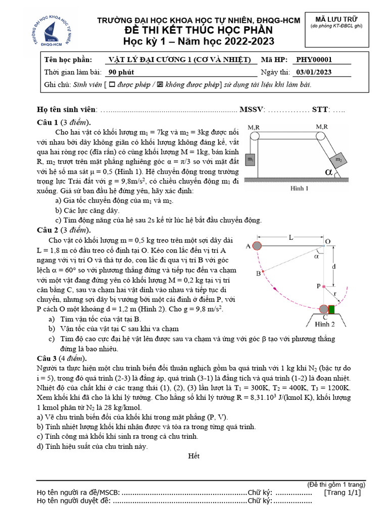 Chinh Thuc - de Thi Cuoi Ky VLDC 1 - HKI - 22-23 - Co Dap An | PDF